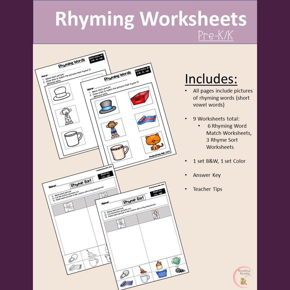Rhyming Words: Pre-K/K Worksheet Packet - Reading Ready Skills